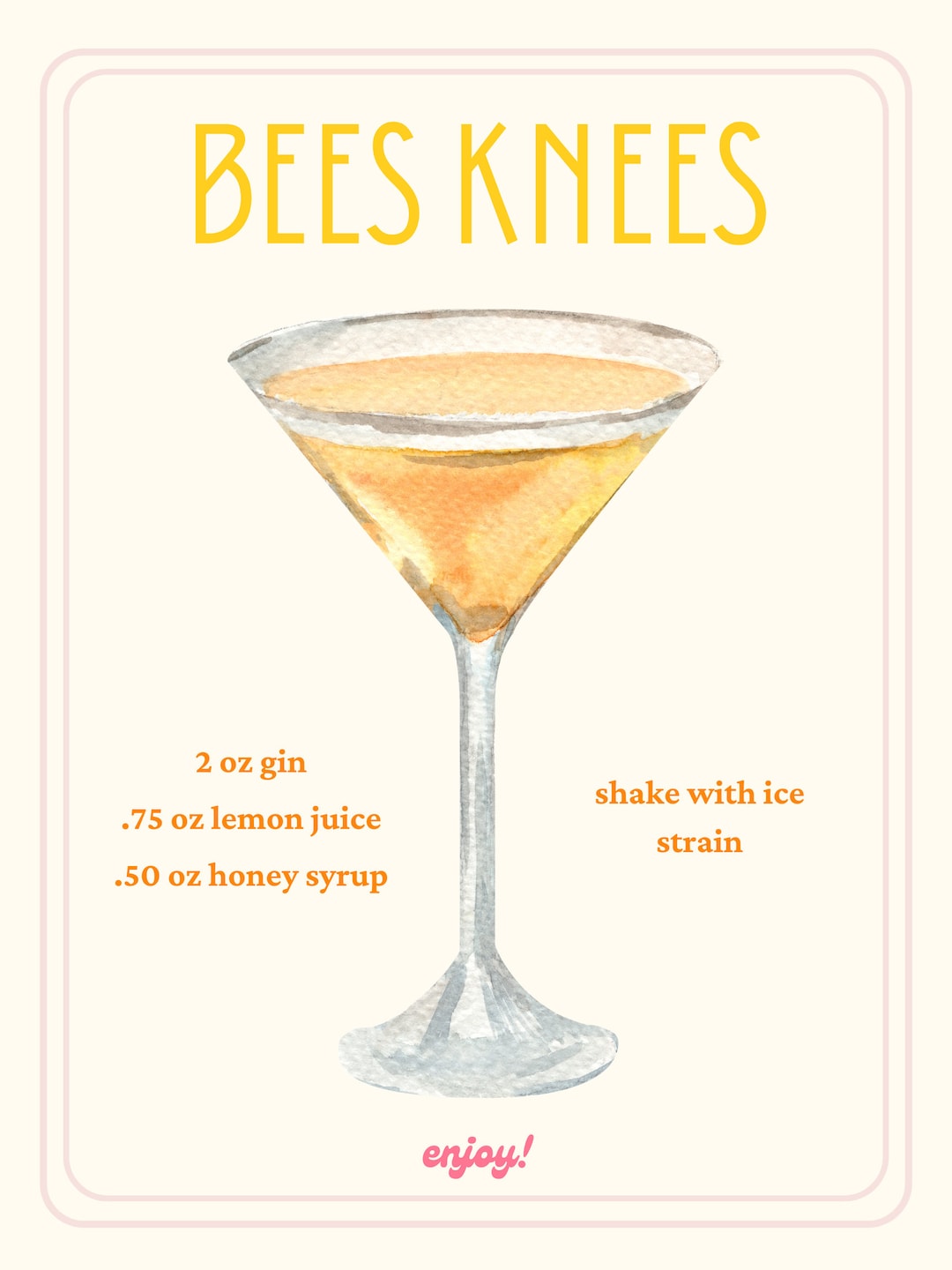 Bees Knees Cocktail | Cocktail Recipe Print | Bar Cart Décor Poster ...