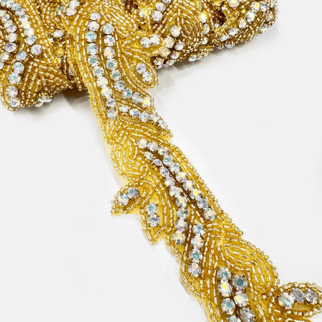Gold Beaded Trim With AB Rhinestones - Hand-sewn Embellishment for ...