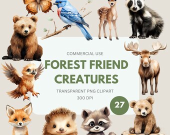 Forest Friend Woodland Creatures Clipart Pack, Watercolor Forest ...