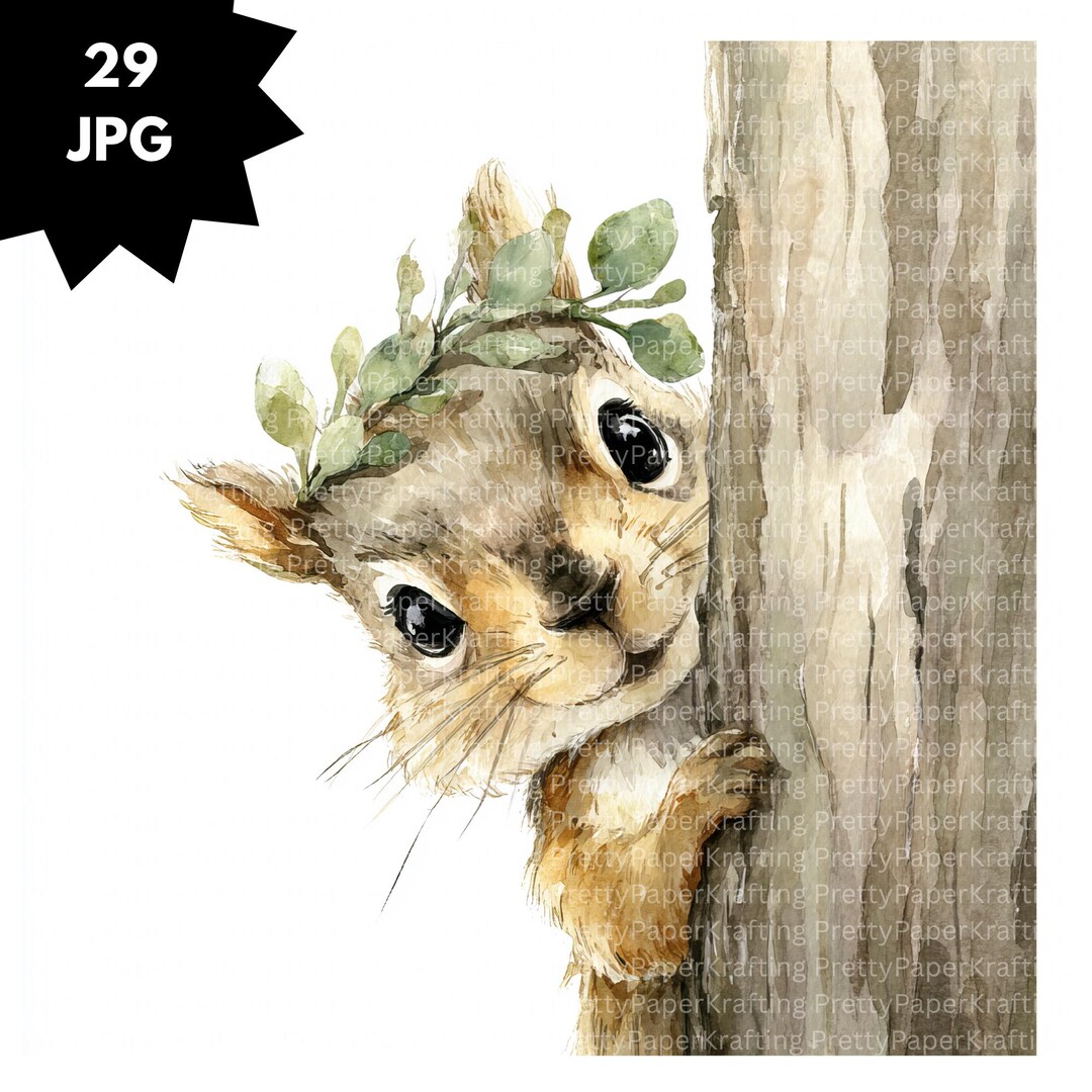 Peeking Squirrel JPG, Cute Woodland Animal Clipart, Watercolor Forest ...