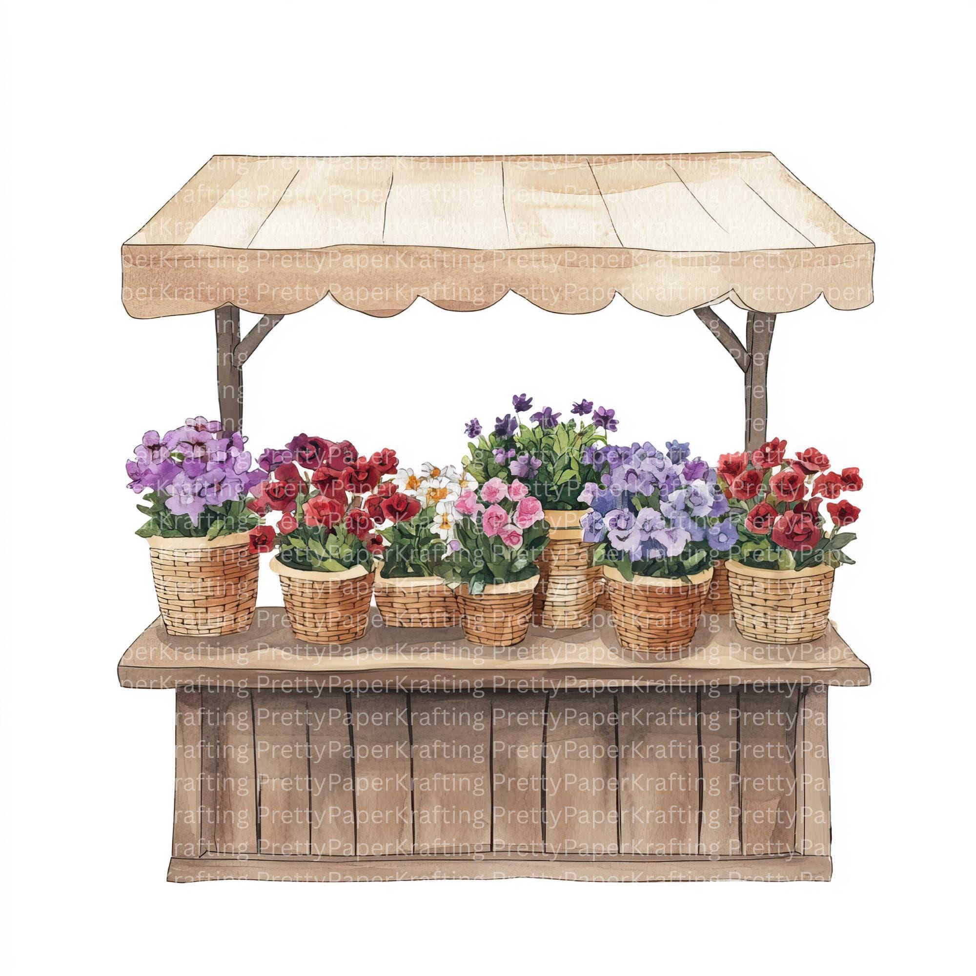 Floral Stand Clipart, Rustic Market Flower Cart, Spring Garden Shop ...