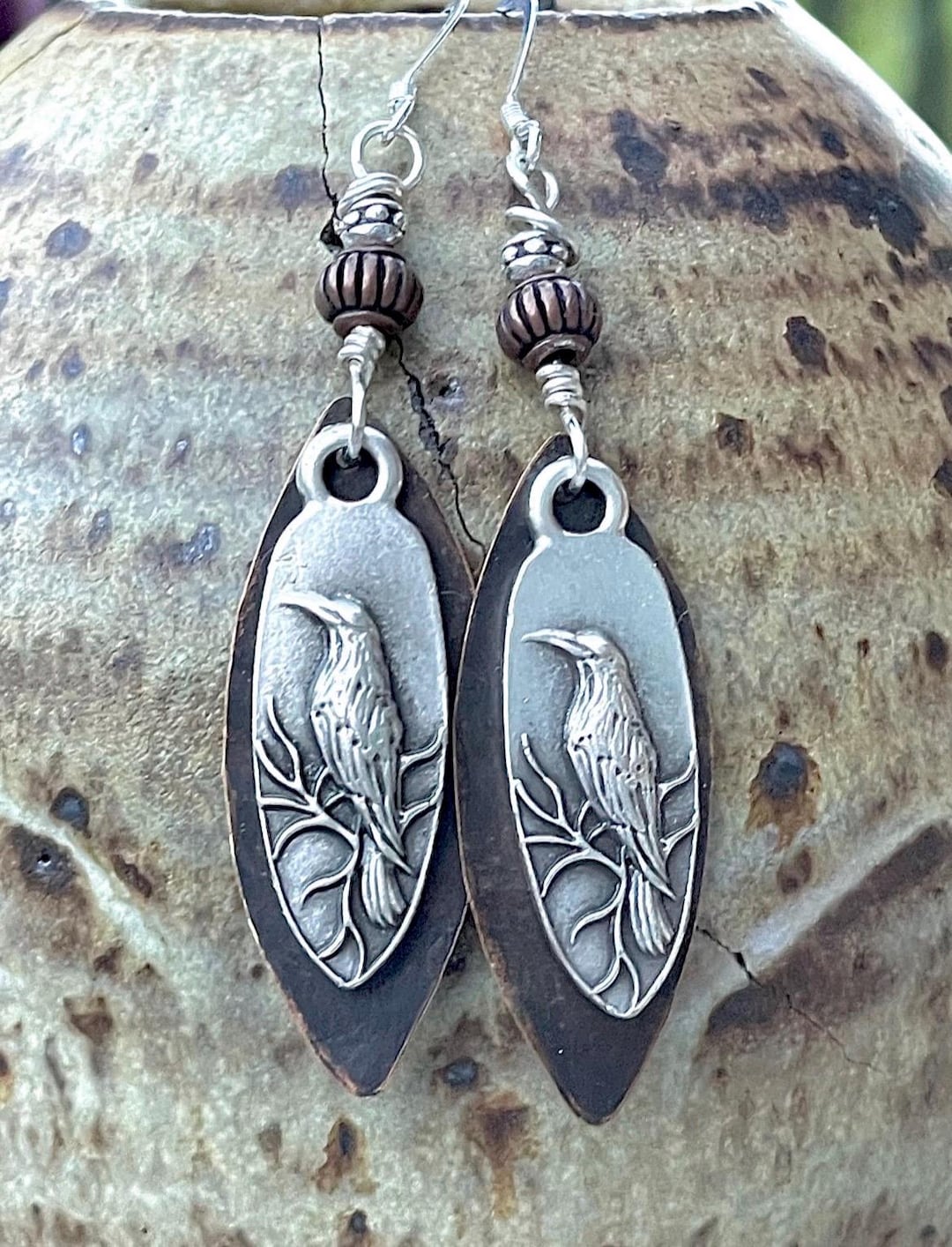 Wire Wrapped Raven Earrings, Hammered Copper and Sterling Silver, Boho ...