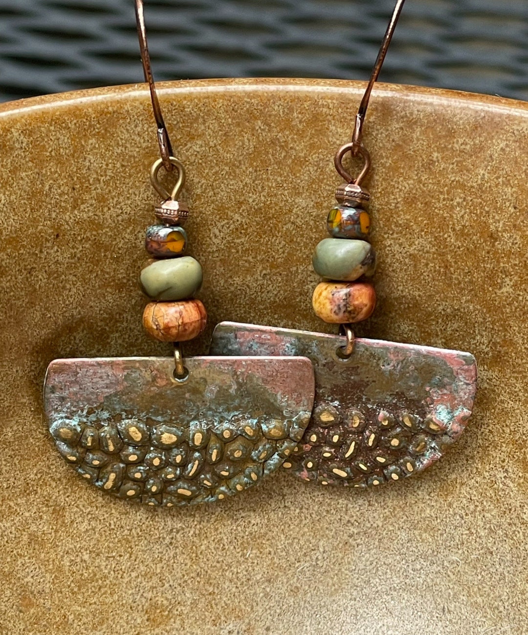 Rustic Copper Boho Earrings, Antique Copper and Jasper Stones, Hammered ...