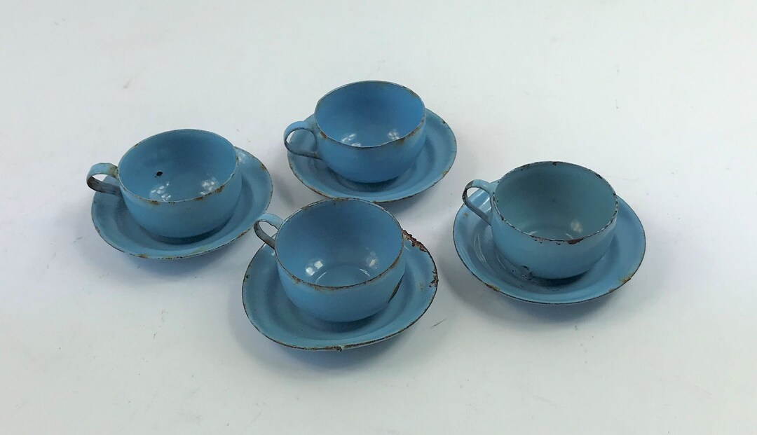 Fabulous Vintage Child's Pale Blue Toy Enamelware/graniteware Four Cups ...