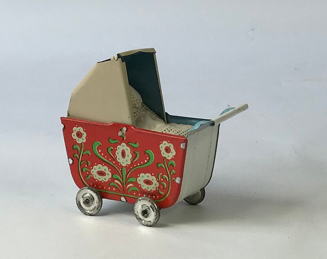 Vintage German Tin Plate Doll Pram. With Colourful Floral Design. Ideal ...