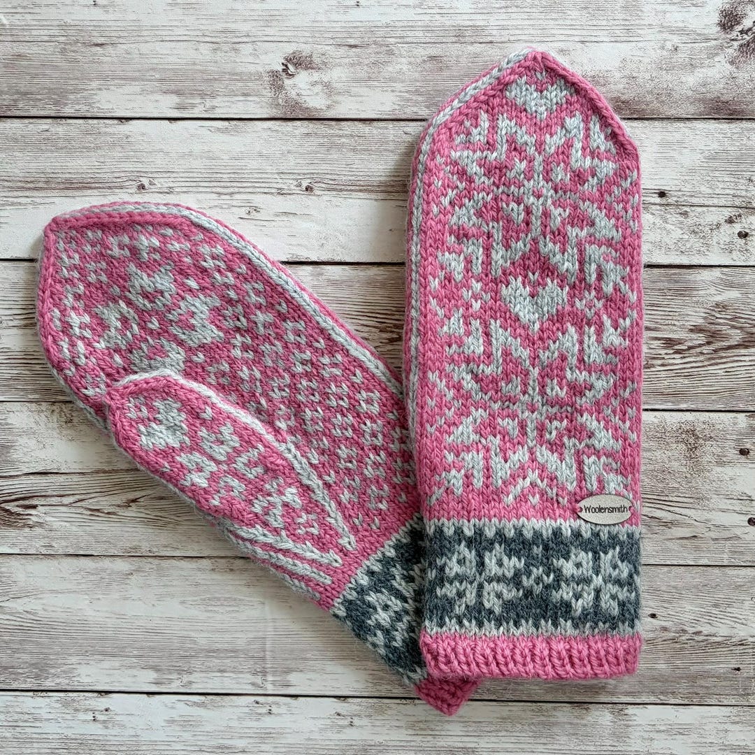 Hand Knit Wool Mittens, OSFM Unlined Pink Colorwork Mittens, Woman's ...