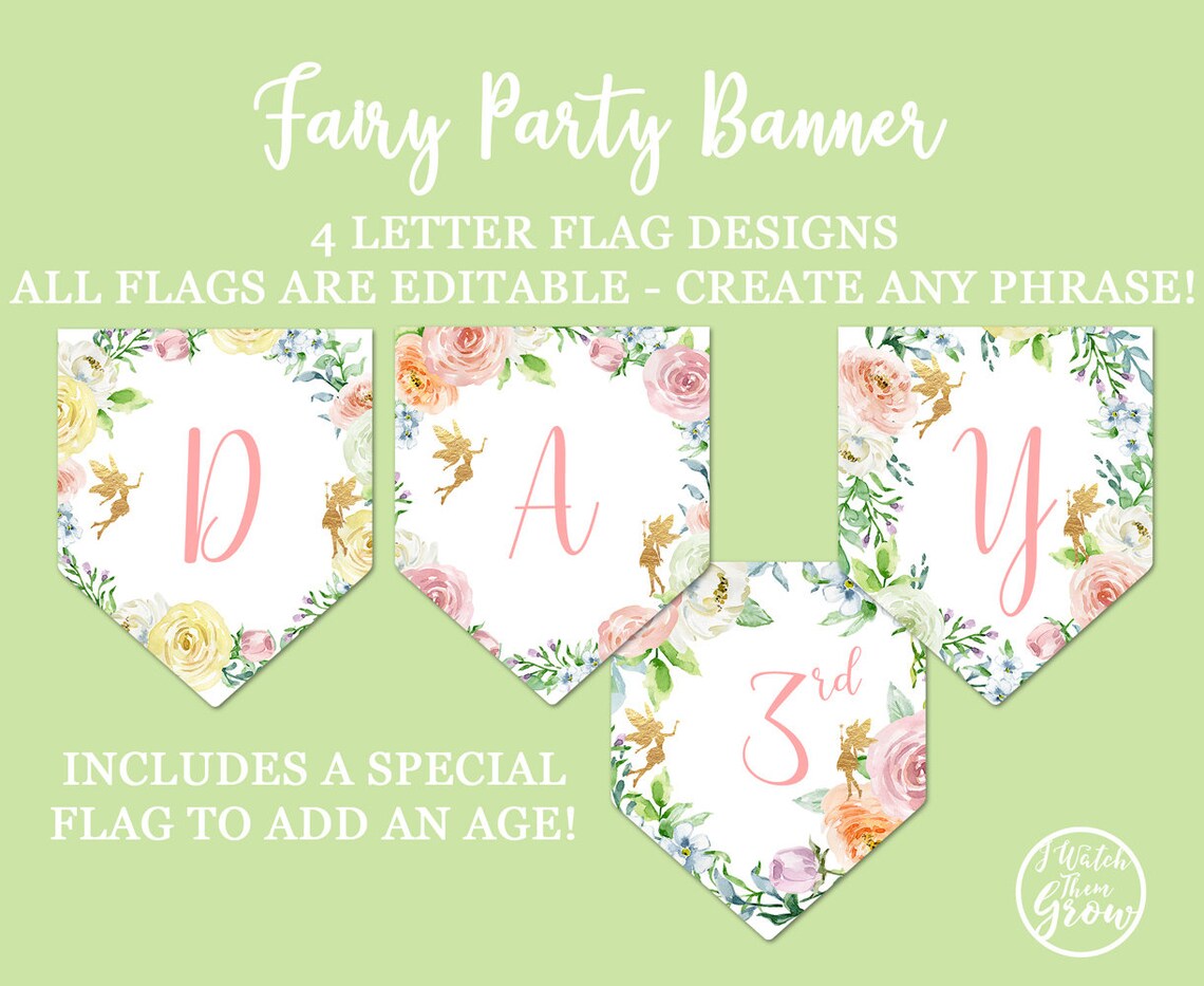 Editable Fairy Party Banner, Printable Floral Fairy Party Decor, Fairy ...