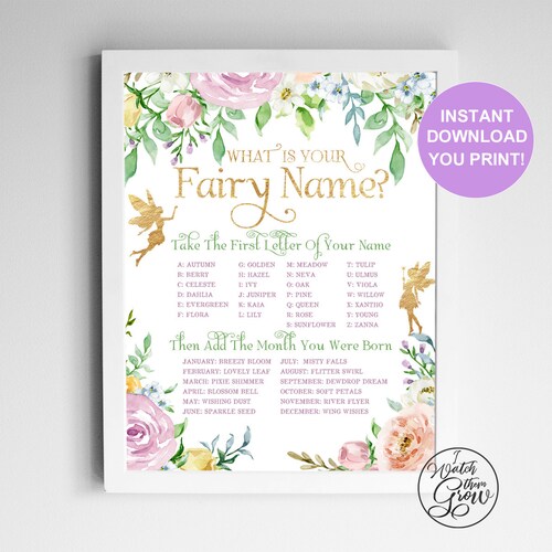 Fairy Name Sign Printable Fairy Party Game what is Your - Etsy