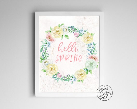 Hello Spring Wall Art, Printable Watercolor Hello Spring Art, Spring ...