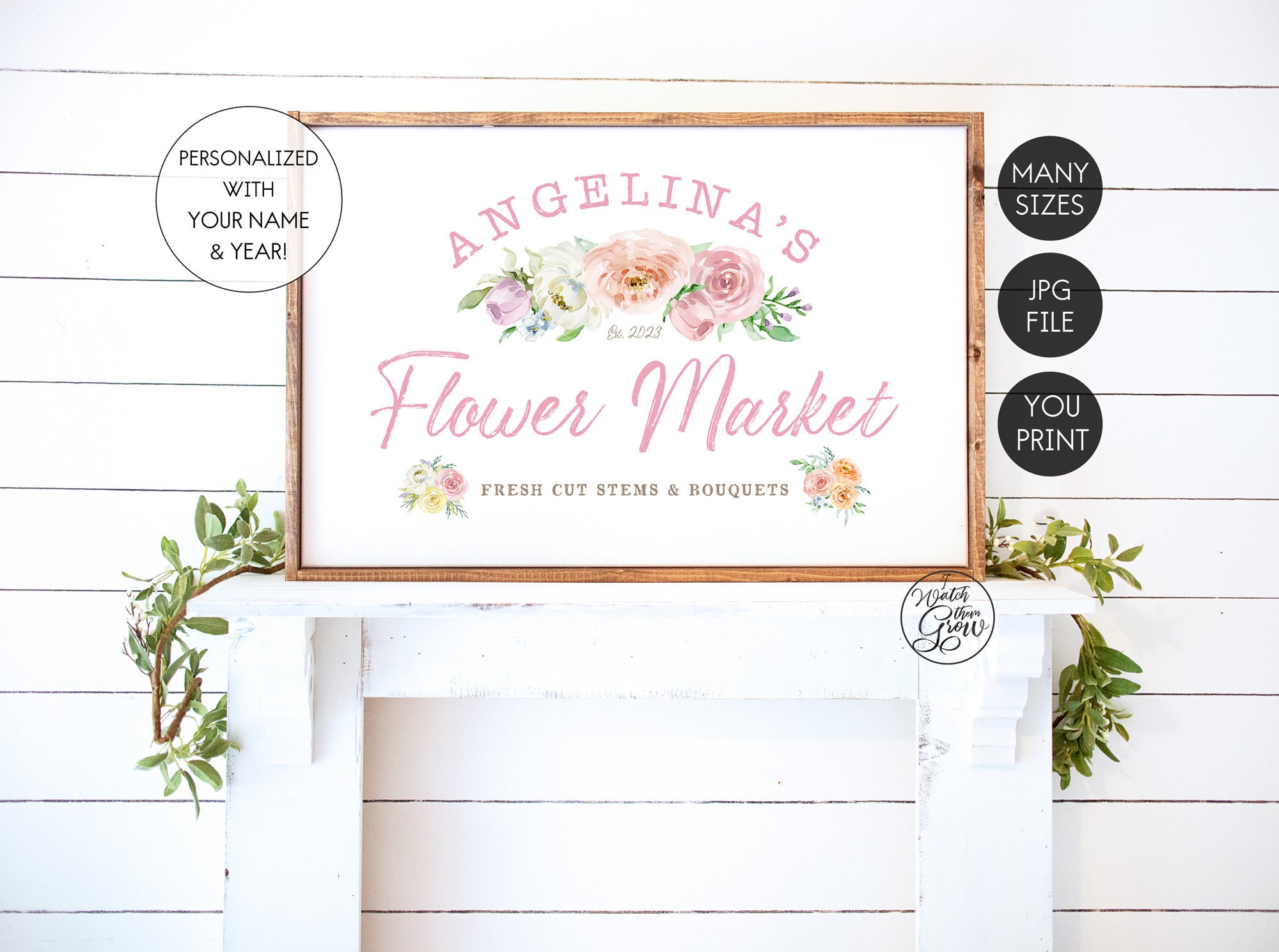 Personalized Pink Flower Market Sign, Printable Floral Party Sign ...