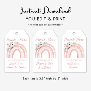 Floral Rainbow Thank You Tags, Editable & Printable Boho Baby Shower ...