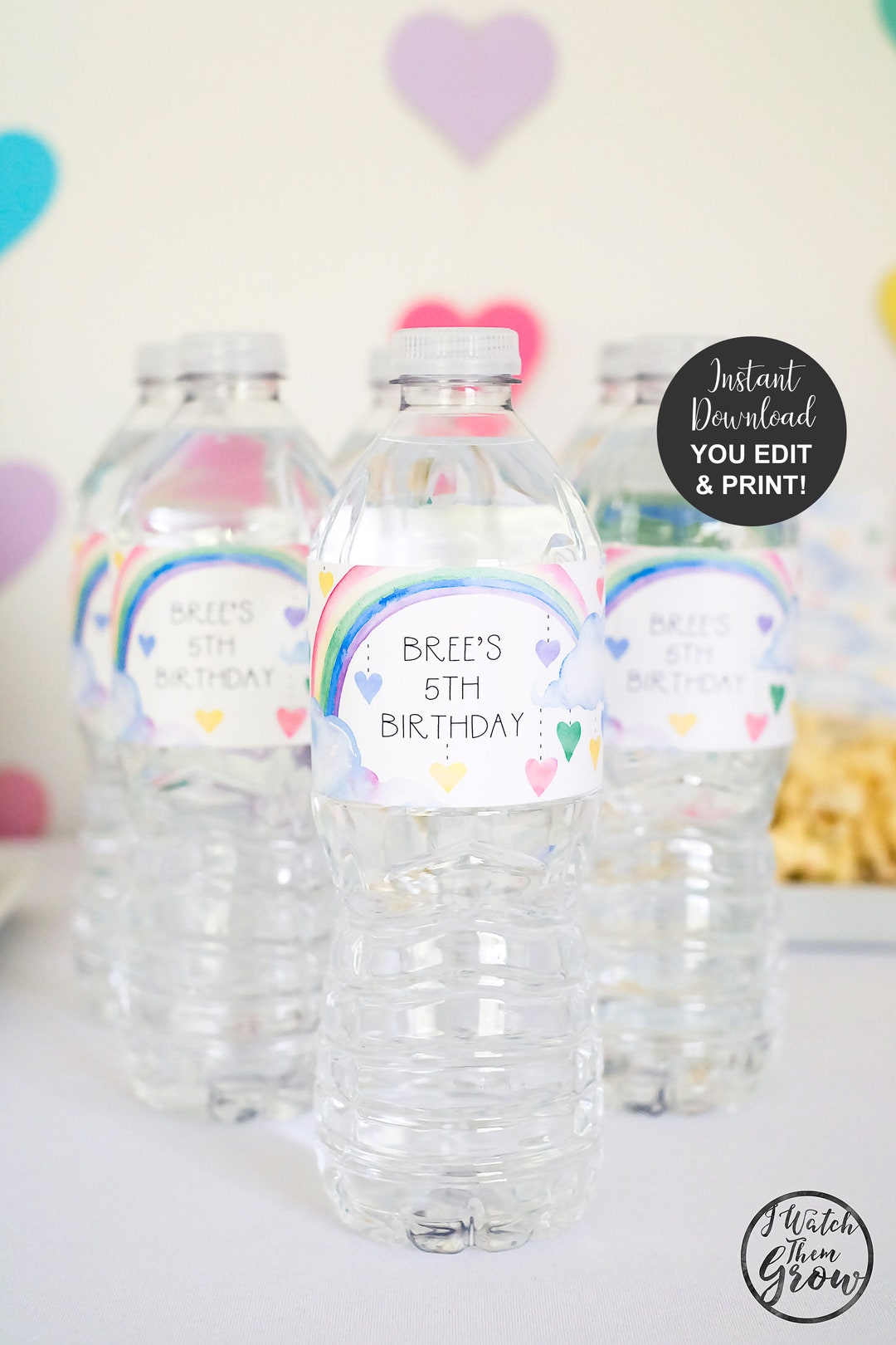 Rainbow Water Bottle Wrappers, Editable/printable Rainbow Birthday ...
