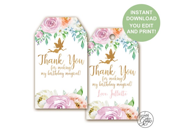 Editable Fairy Party Favor Tags Printable Fairy Party Thank - Etsy