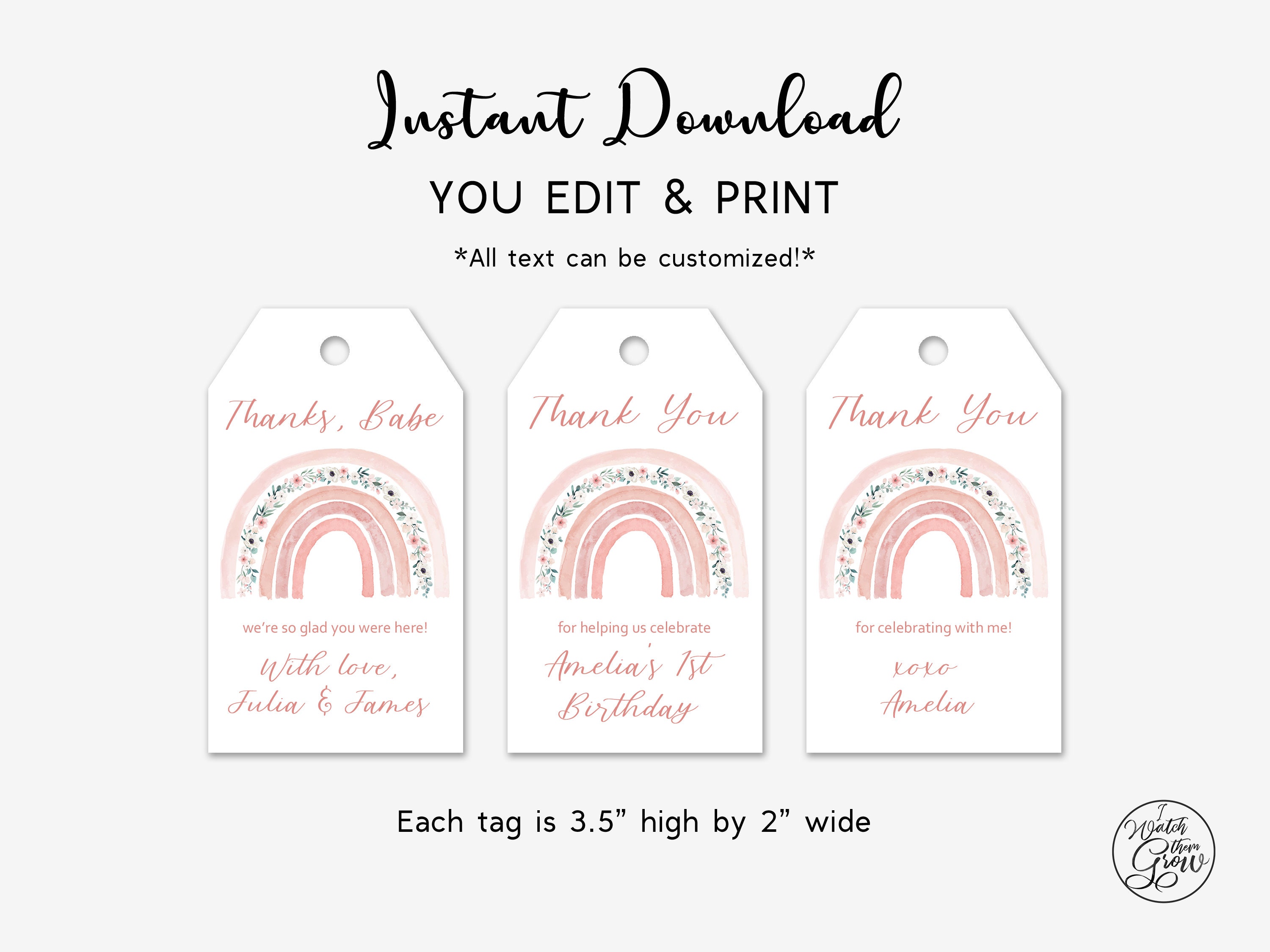 Floral Rainbow Favor Tags, Editable & Printable Boho Party Thank You ...