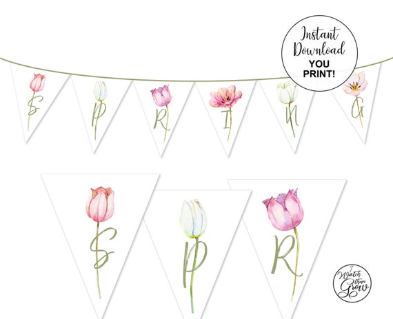 Floral Spring Bunting Banner, Printable Spring Decor, Spring Mantle ...