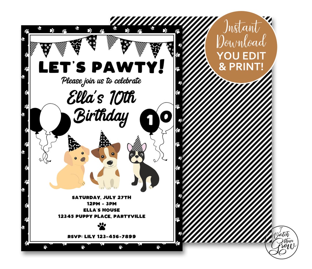 Puppy Party Invitation, Printable Puppy Birthday Party Invite, Black ...