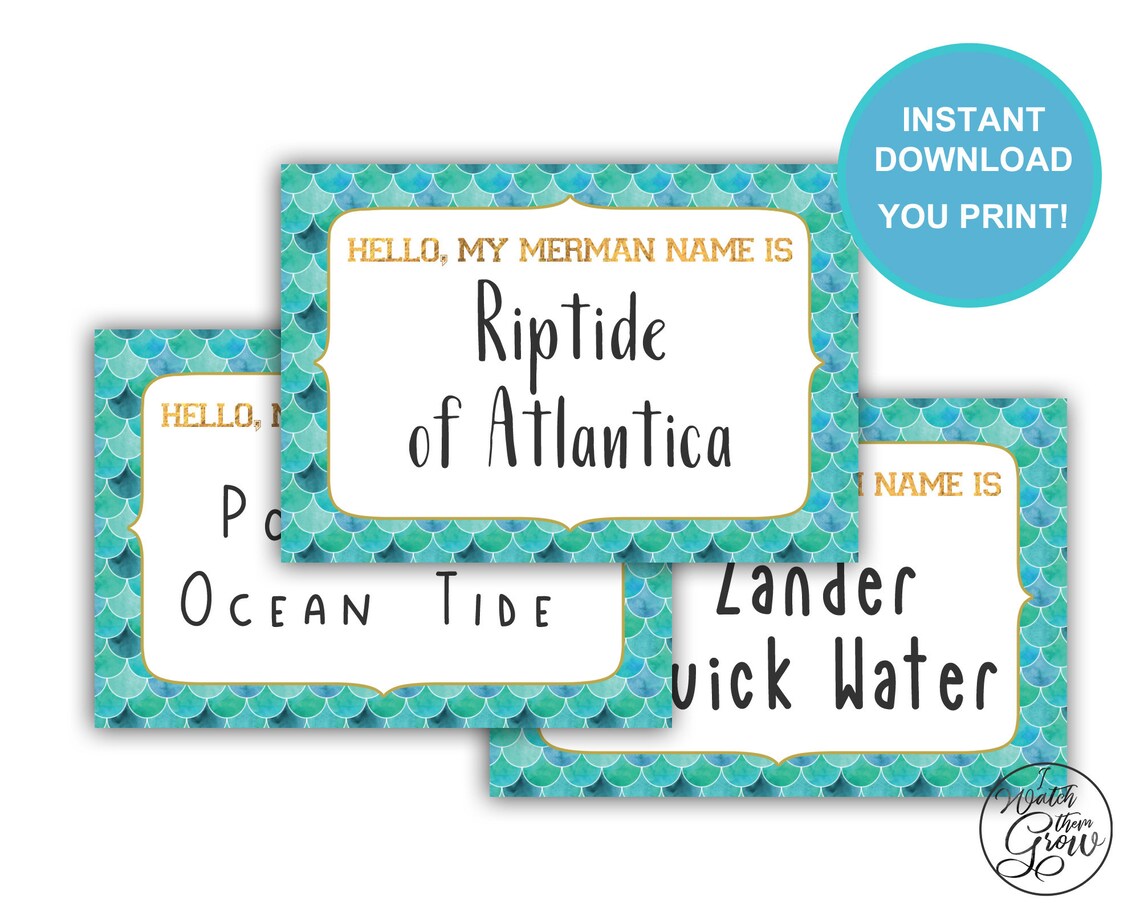 Merman Name Tag Printable Merman Name Stickers Merman Name | Etsy