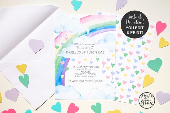 Pastel Rainbow Party Invitation, Printable/Editable Rainbow Birthday ...