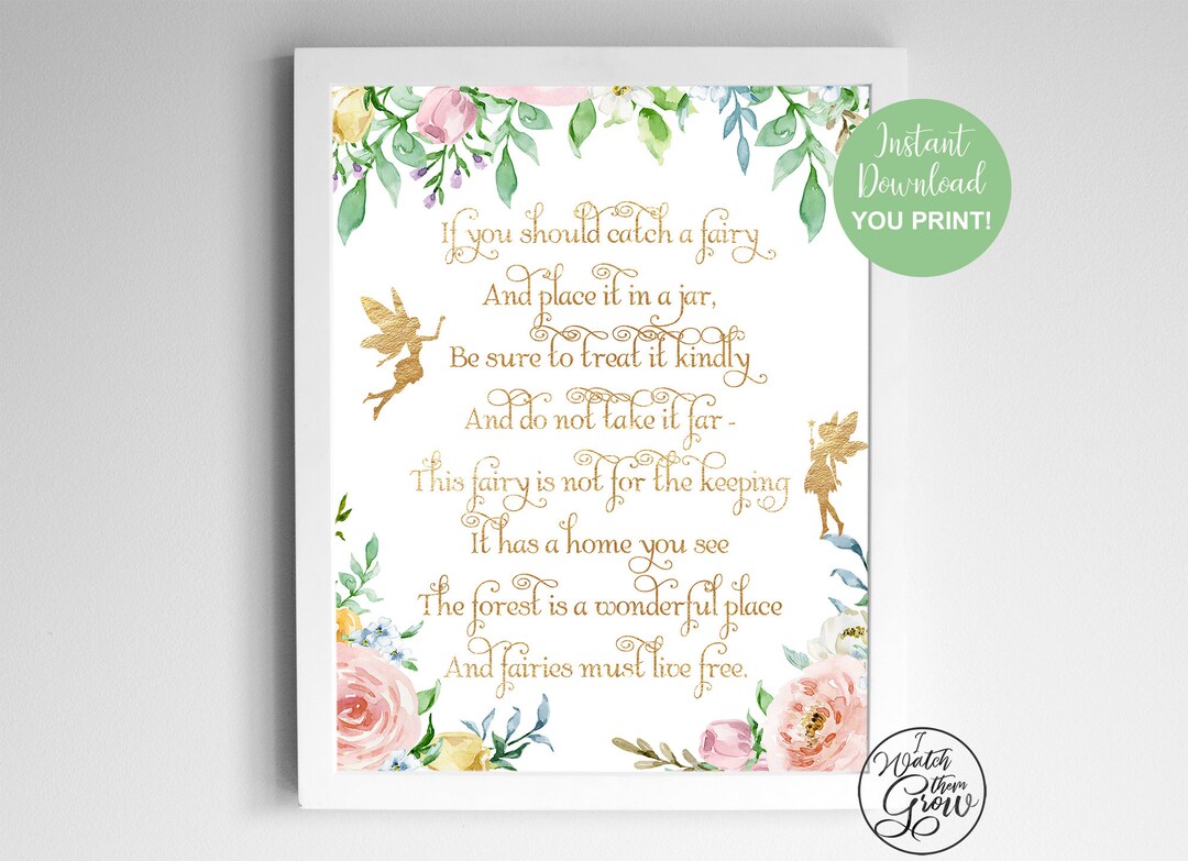 Catch a Fairy Poem, Printable Fairy Party Sign, Floral Fairy Party ...