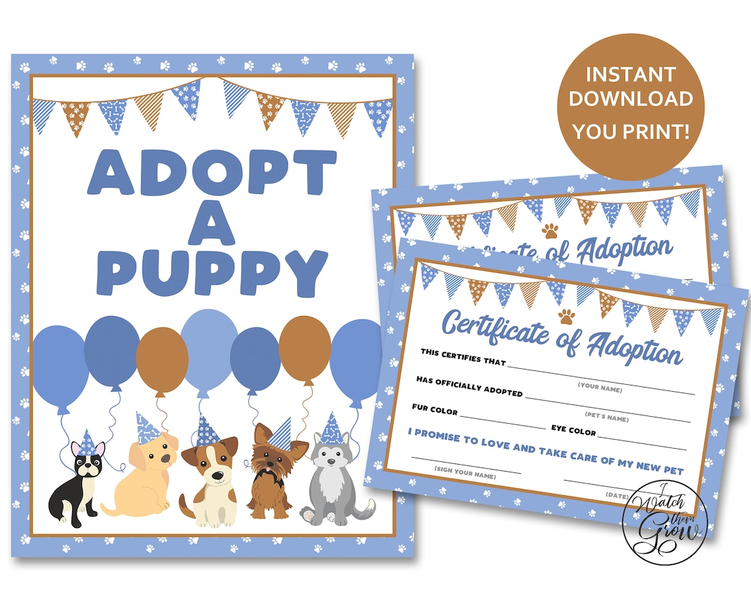 Printable Adopt A Puppy Party Sign and Puppy Adoption Certificates ...