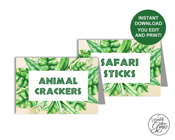 Jungle Party Tent Cards, Editable Printable Safari Party Food Cards ...