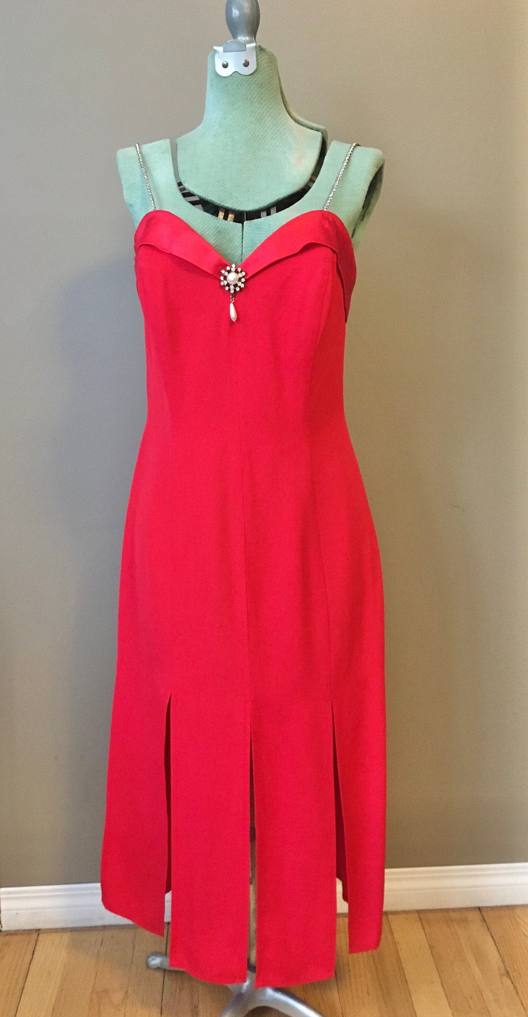 1980s DEADSTOCK Red Party Dress/ 1980s Red and Rhinestone Evening Dress ...
