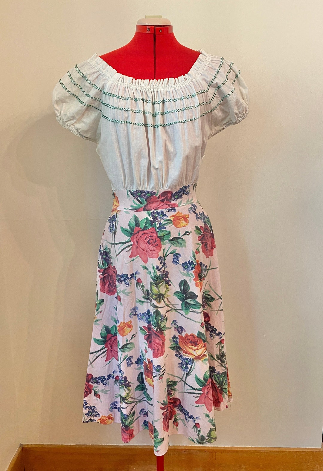 1970s Cotton Sundress With Floral Skirt/ 1970s Summer Peasant Dress ...