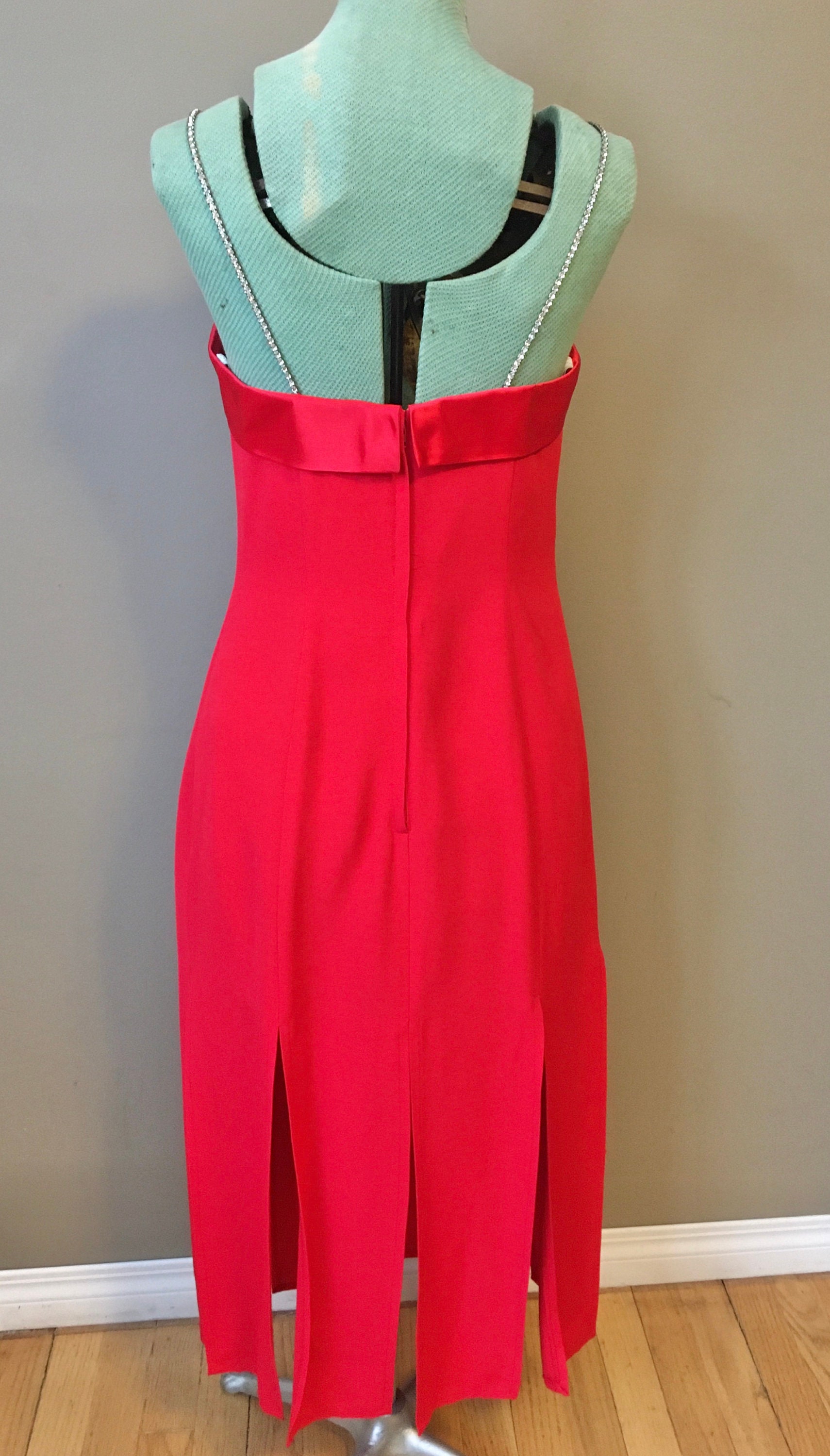 1980s DEADSTOCK Red Party Dress/ 1980s Red and Rhinestone Evening Dress ...