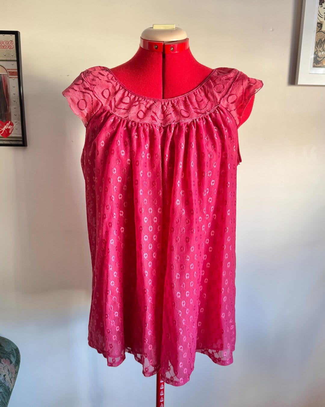 1980s Hot Pink Tunic Top/ 1980s Pink Lace Collar Patterned Sleeveless ...