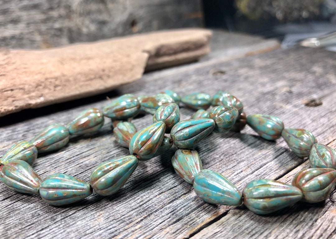 Turquoise Glass Melon Drop With Rustic Picasso Finish 13x8mm Czech ...