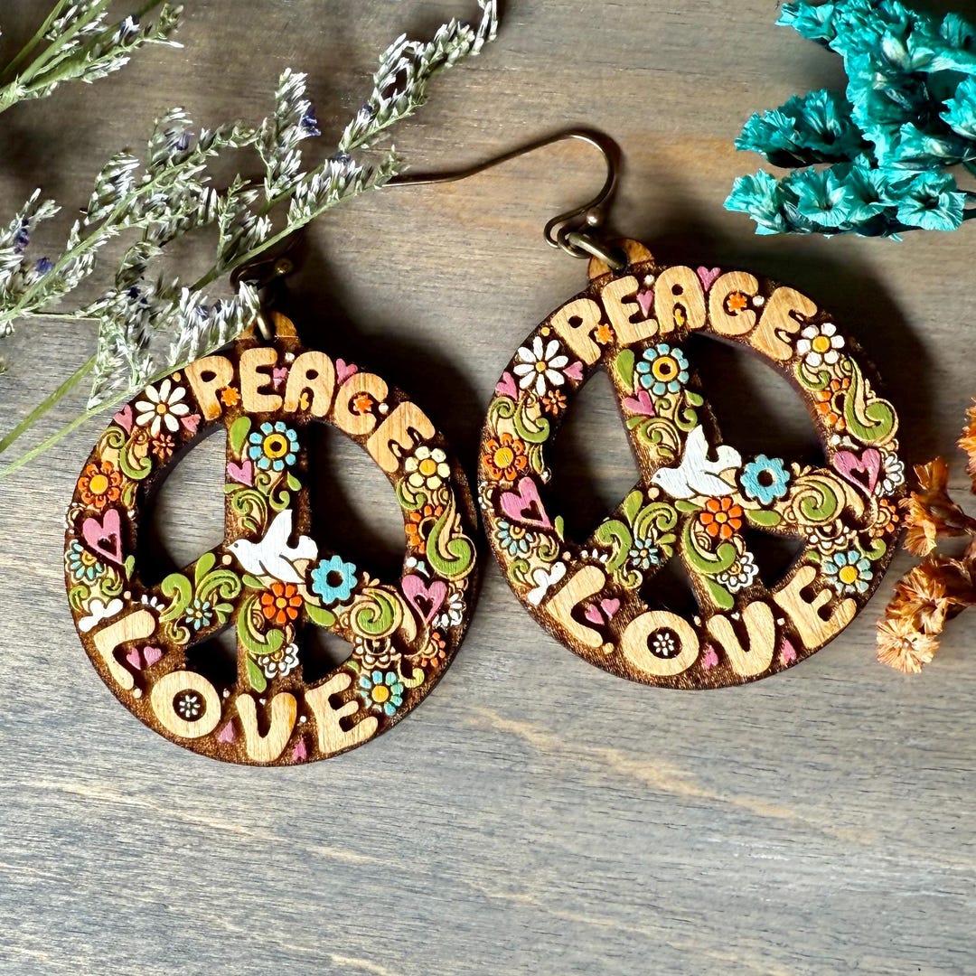 Peace Sign Love Earrings Hand Painted Engraved - Lightweight Eco ...