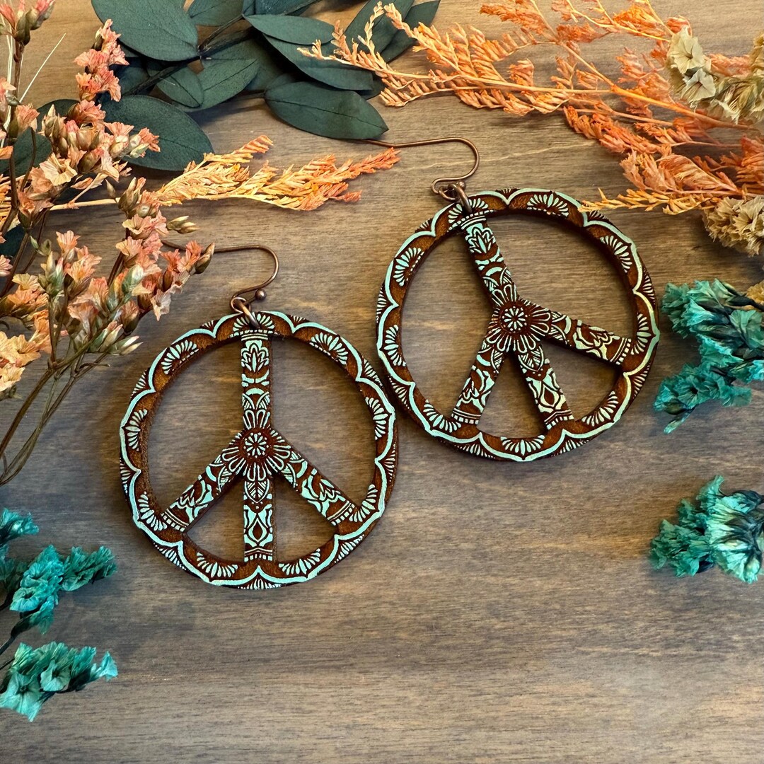Hand-painted Mandala Peace Sign Earrings – Lightweight Boho Wooden ...