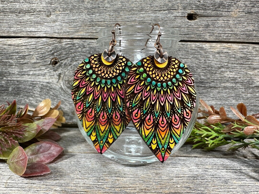 Large Colorful Wood Mandala Engraved Earrings Psychedelic Lightweight Eco Friendly Boho Earring ...