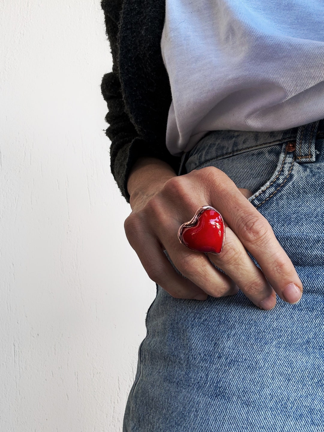 Red Heart Ring. Copper Plated Jewel With Glass. Romantic Gift for Her ...