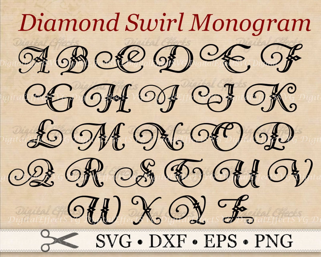 Diamond Font SVG Monogram Files, EPS, DXF, & Png Files, Swirl Font ...