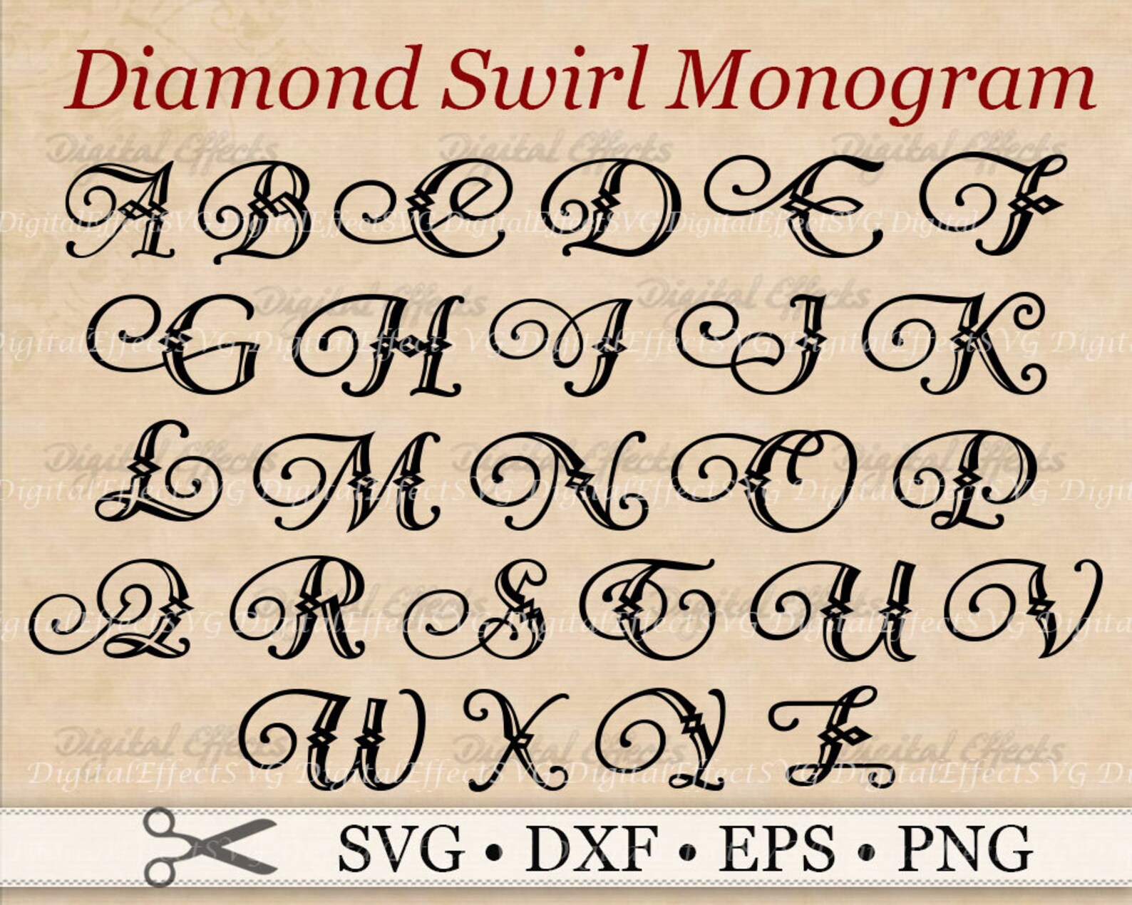 Diamond Font SVG Monogram Files, EPS, DXF, & Png Files, Swirl Font ...