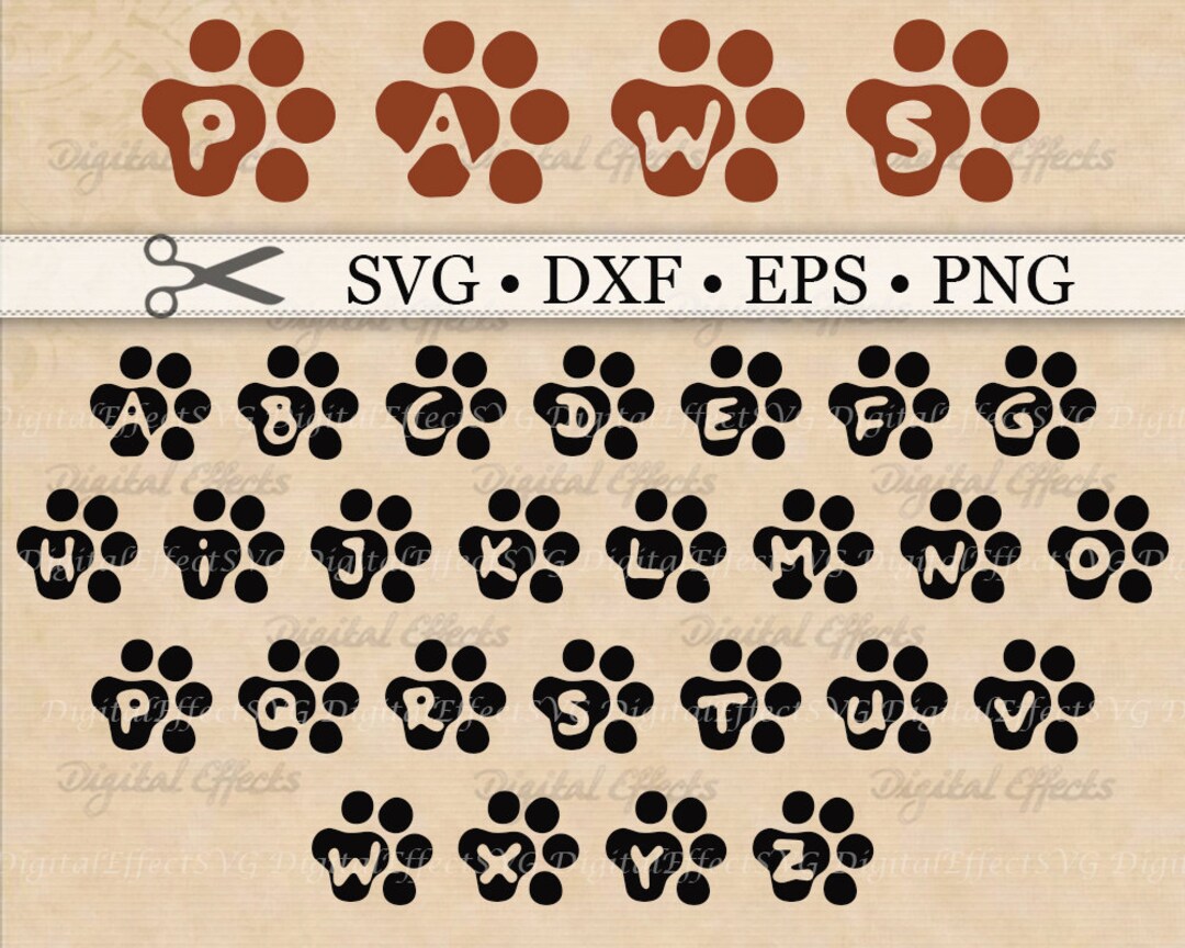 PAW PRINT SVG Files, Eps, Dxf, & Png Files, Paw Print Letters, Alphabet ...