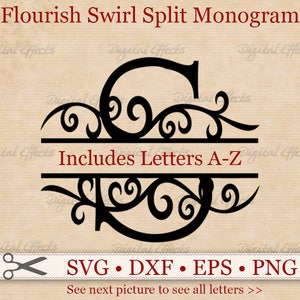 Flourish Swirl Split MONOGRAM Svg, Dxf, Eps, Png Files, Split Font Alphabet, Monogram Split ...