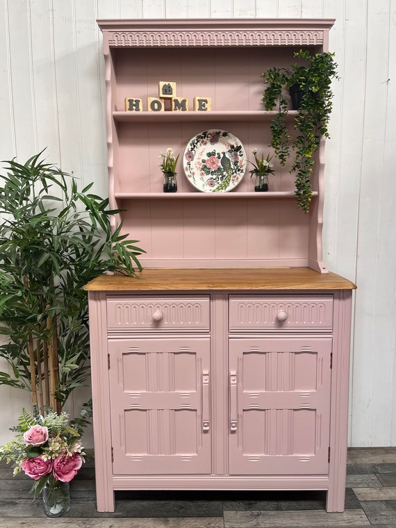 Custom Painted UPCYCLED Small Vintage pine Kitchen Welsh Dressers With Plate Racks Storage Fusion Mineral Paint Pink Etsy UK
