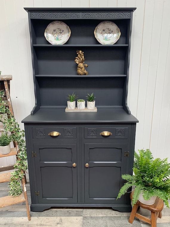 Custom Painted UPCYCLED Small Vintage pine Kitchen Welsh Dressers With Plate Racks Storage Fusion Mineral Paint Black Etsy