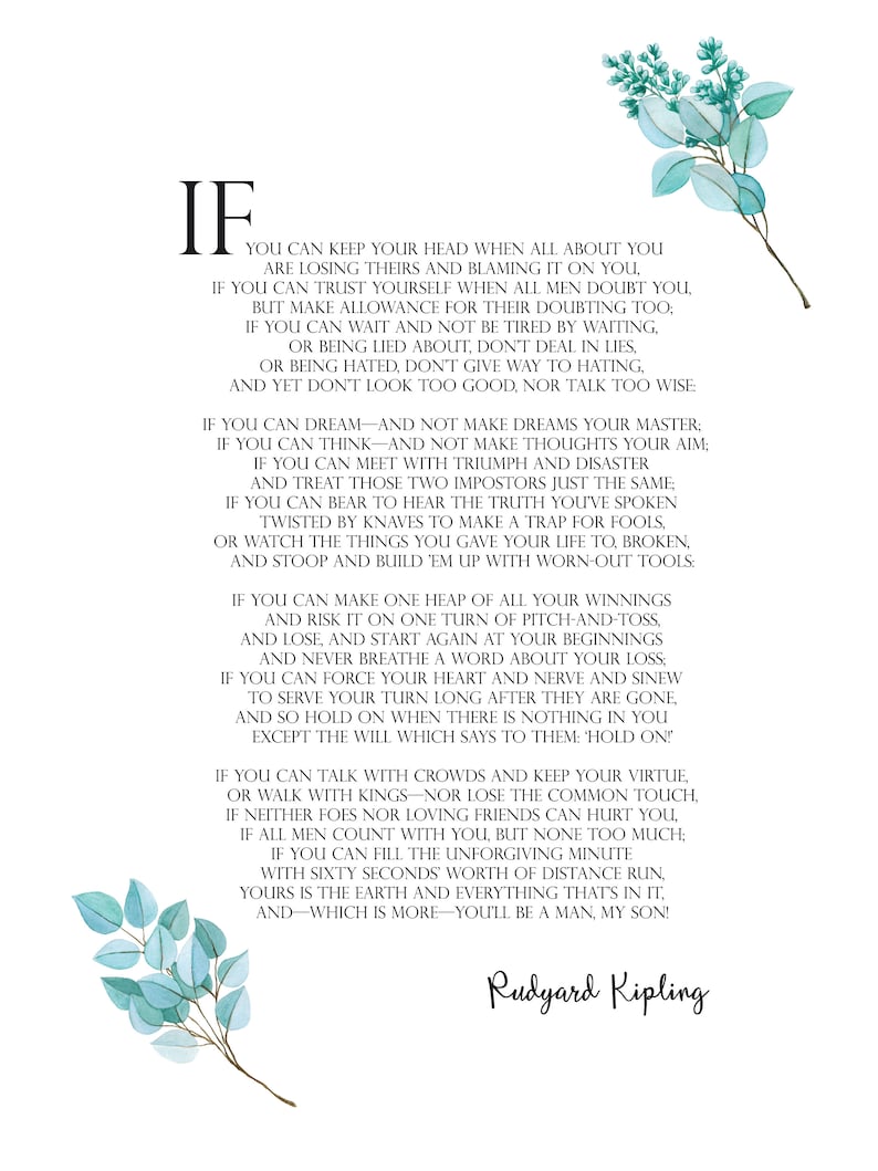 Rudyard Kipling poetry If poem If you can keep your head | Etsy