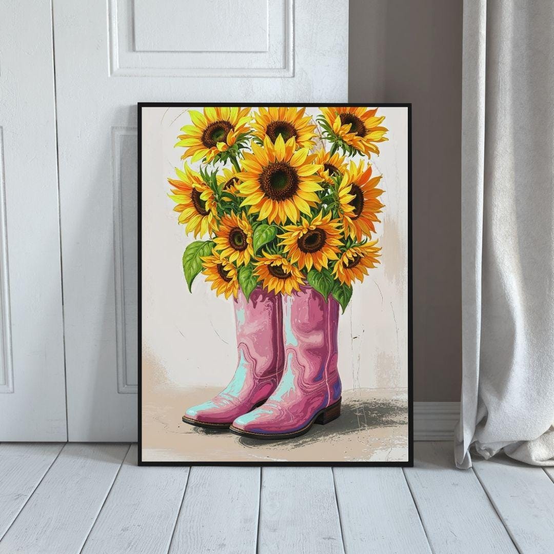 Pink Cowgirl Boots and Sunflower Bouquet Floral Western Wall Art ...
