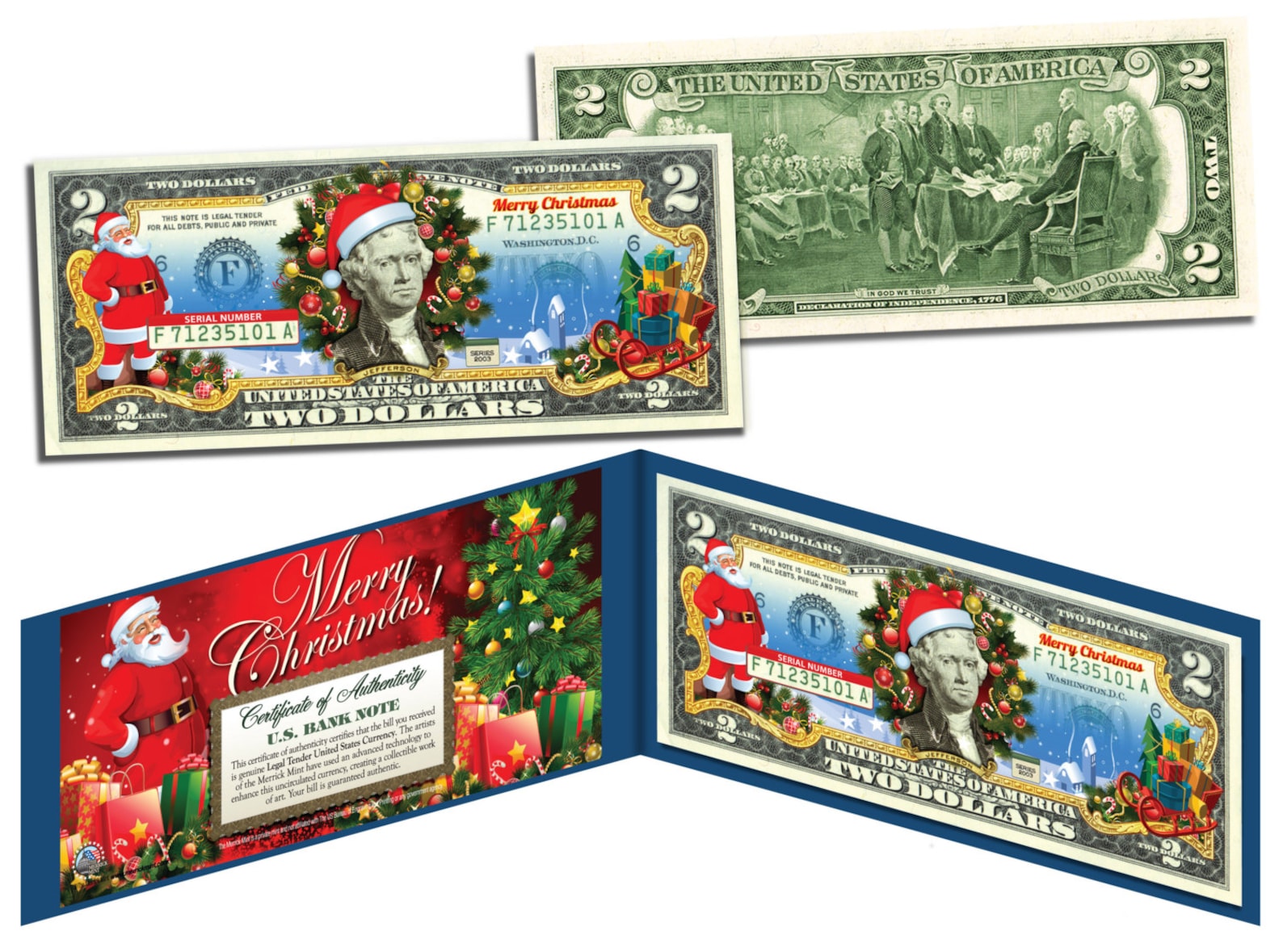 Merry Christmas SANTA and SLED Colorized Two Dollar Bill on Genuine US ...
