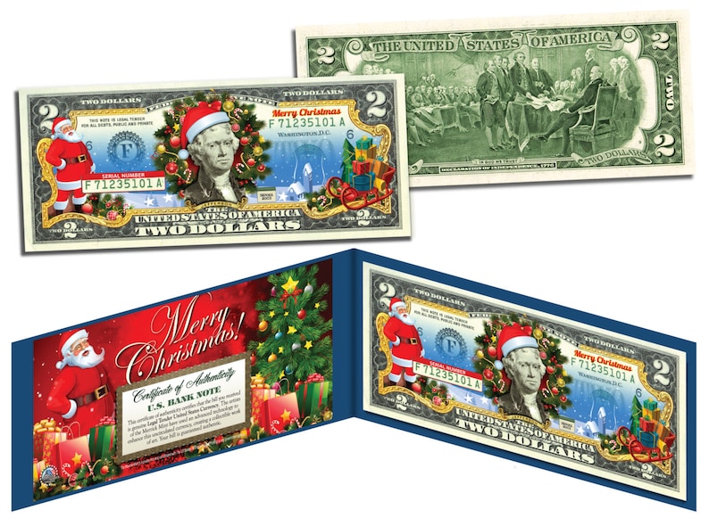 Merry Christmas SANTA and SLED Colorized Two Dollar Bill on Genuine US ...