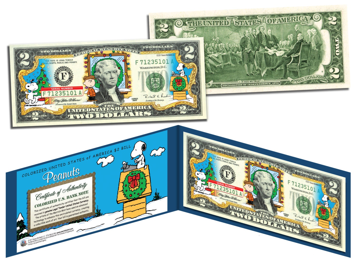 PEANUTS Christmas Themed Colorized Two Dollar Bill Genuine US Currency ...