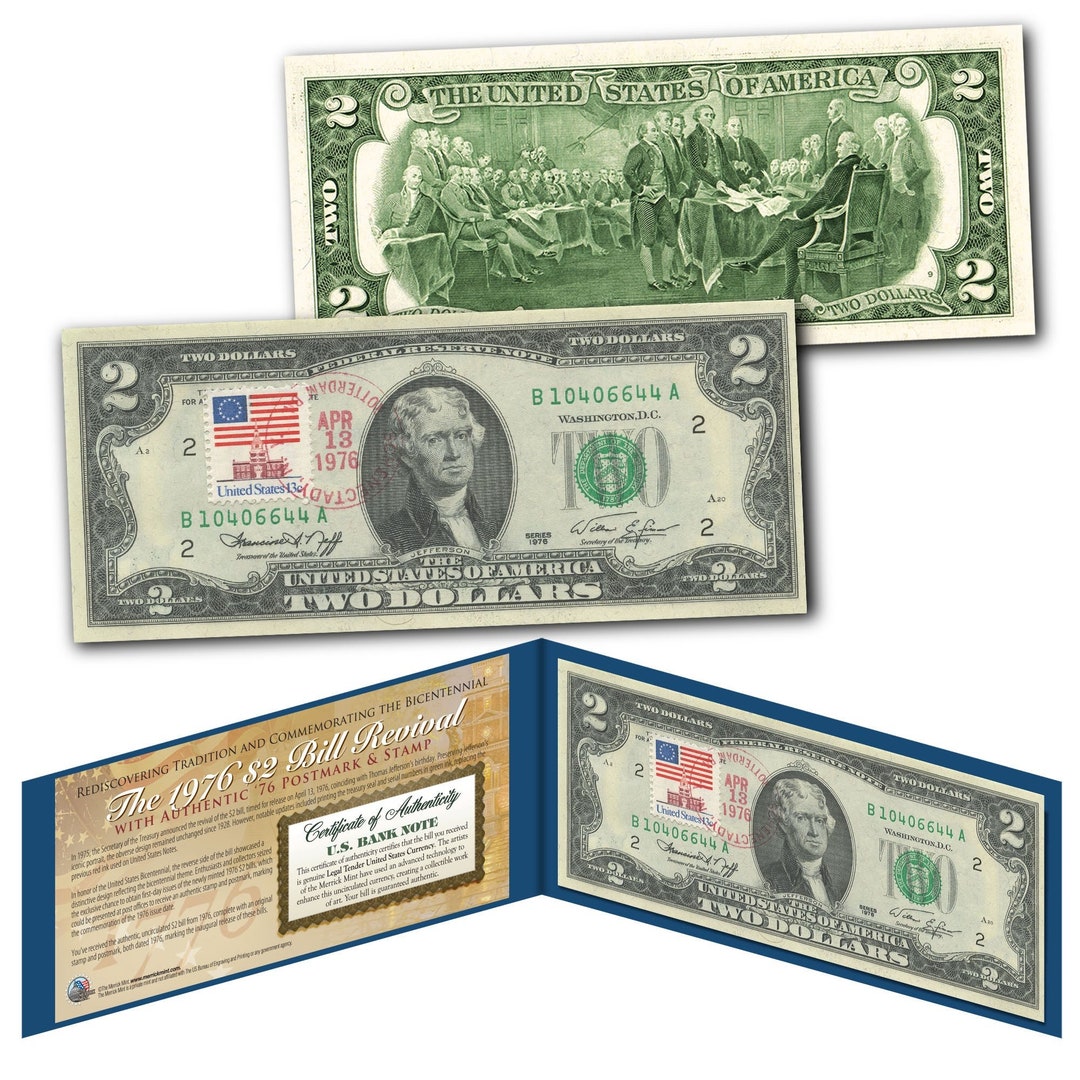 1976 Uncirculated Genuine 2 Dollar U.S. Bill With 1976 Stamp & 1976 ...