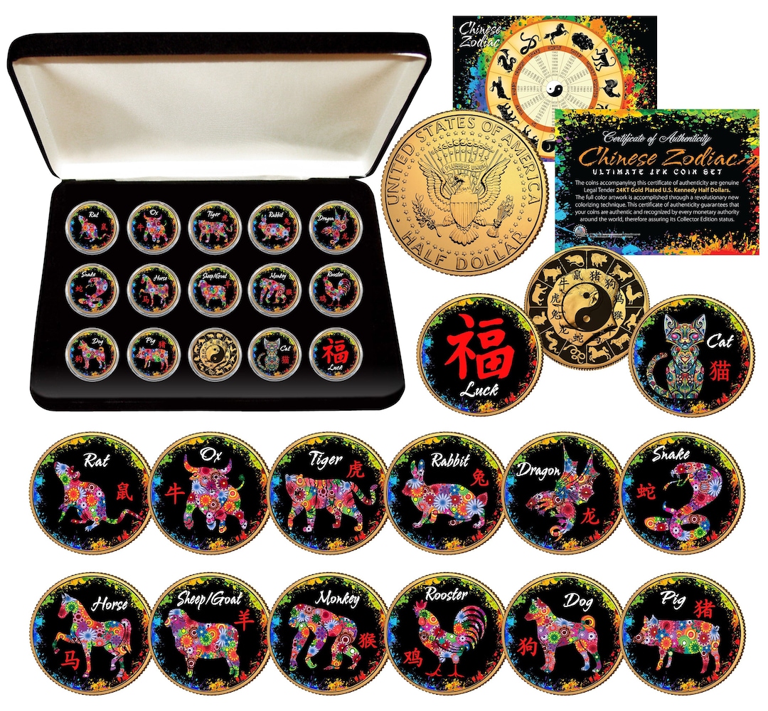 Polychromatic Chinese Zodiac 24K Gold Plated 15 Coin Set W/box - Ships ...