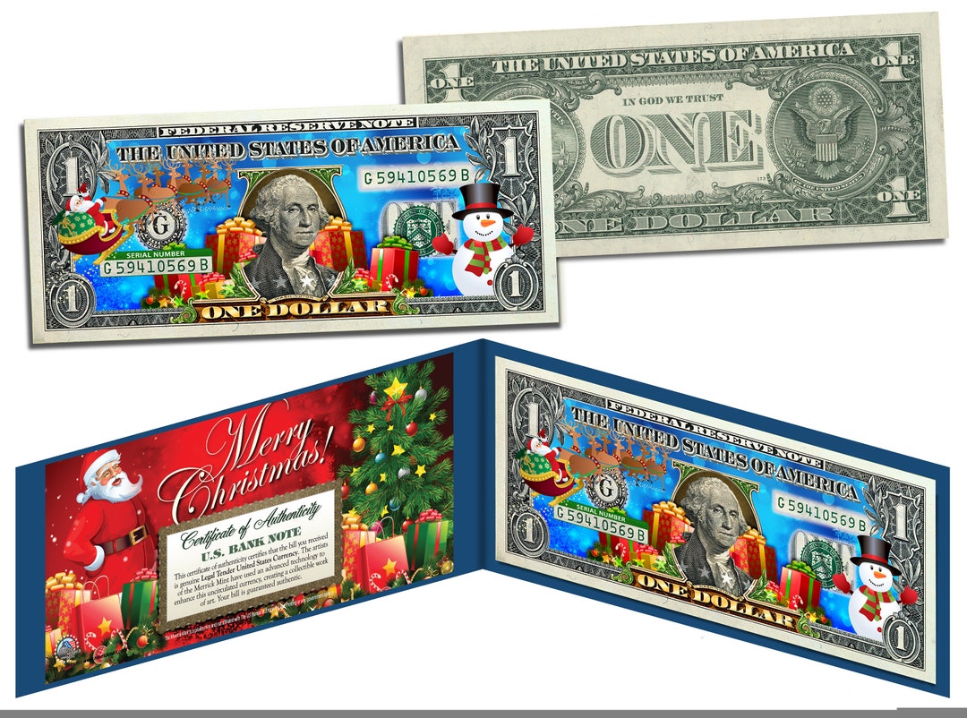 Merry Christmas SANTA and SNOWMAN Colorized One Dollar Bill on Genuine ...