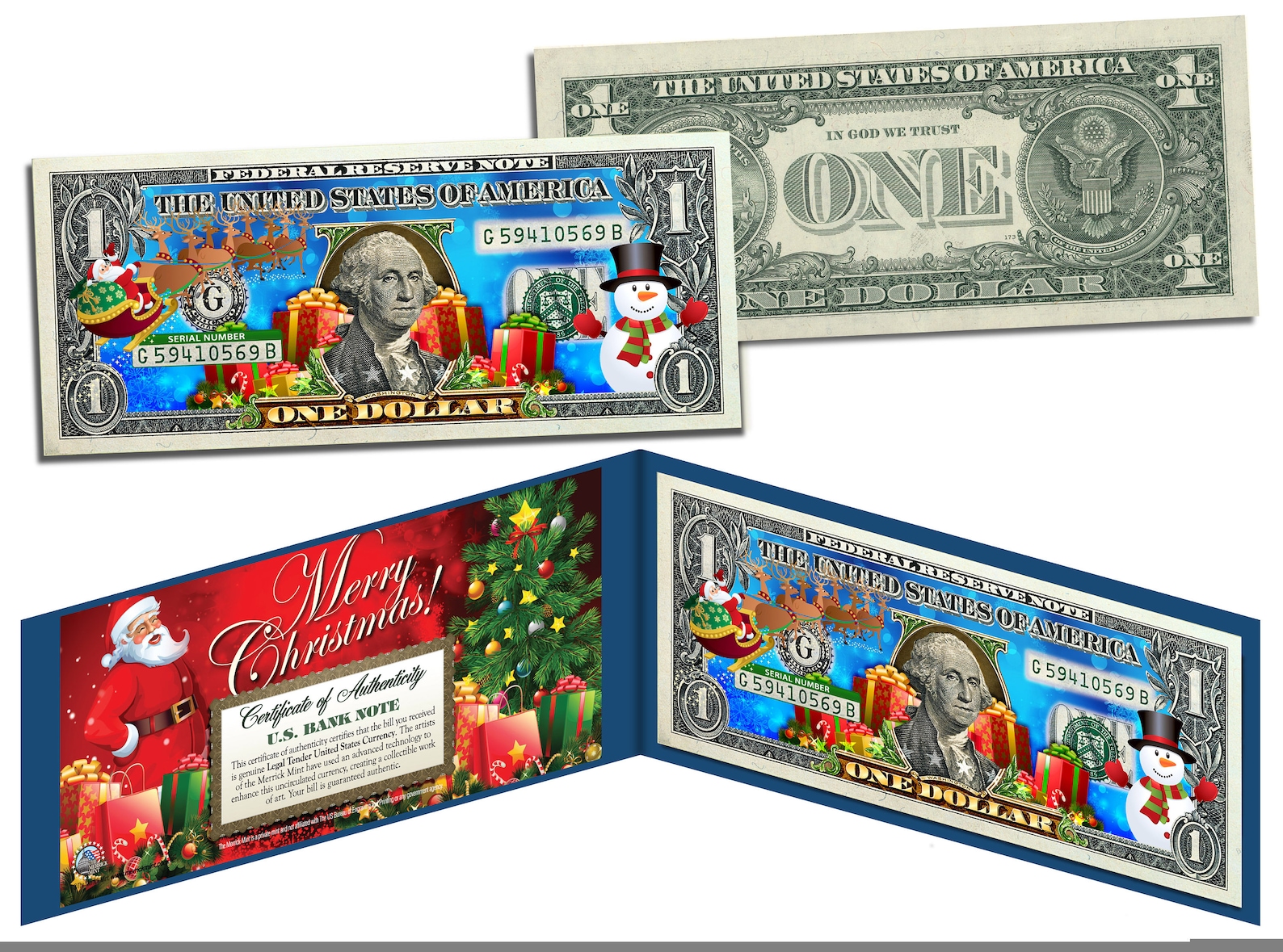 Merry Christmas SANTA and SNOWMAN Colorized One Dollar Bill on Genuine ...