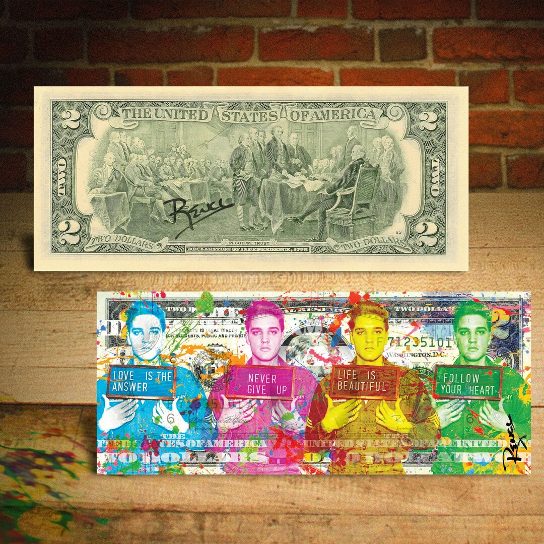 ELVIS PRESLEY Polychrome Multi-image Pop Art U.S. Two Dollar Bill Hand ...